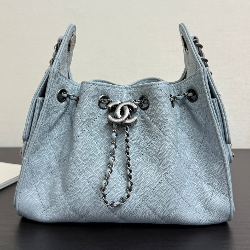 Chanel 2026 Hobo Bag 22cm Light Blue Grained Calfskin With Silver Hard ...